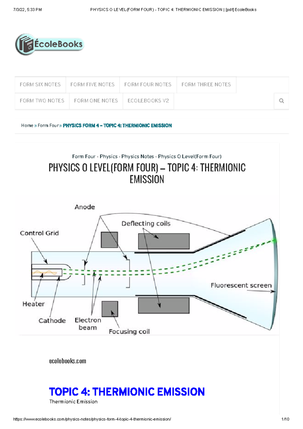 Physics O Level(FORM FOUR) - Topic 4 Thermionic Emission [pdf] Ecole ...
