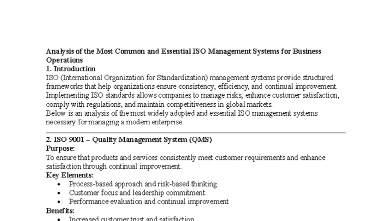 Analysis of Essential ISO Management Systems for Business Ops - Studocu