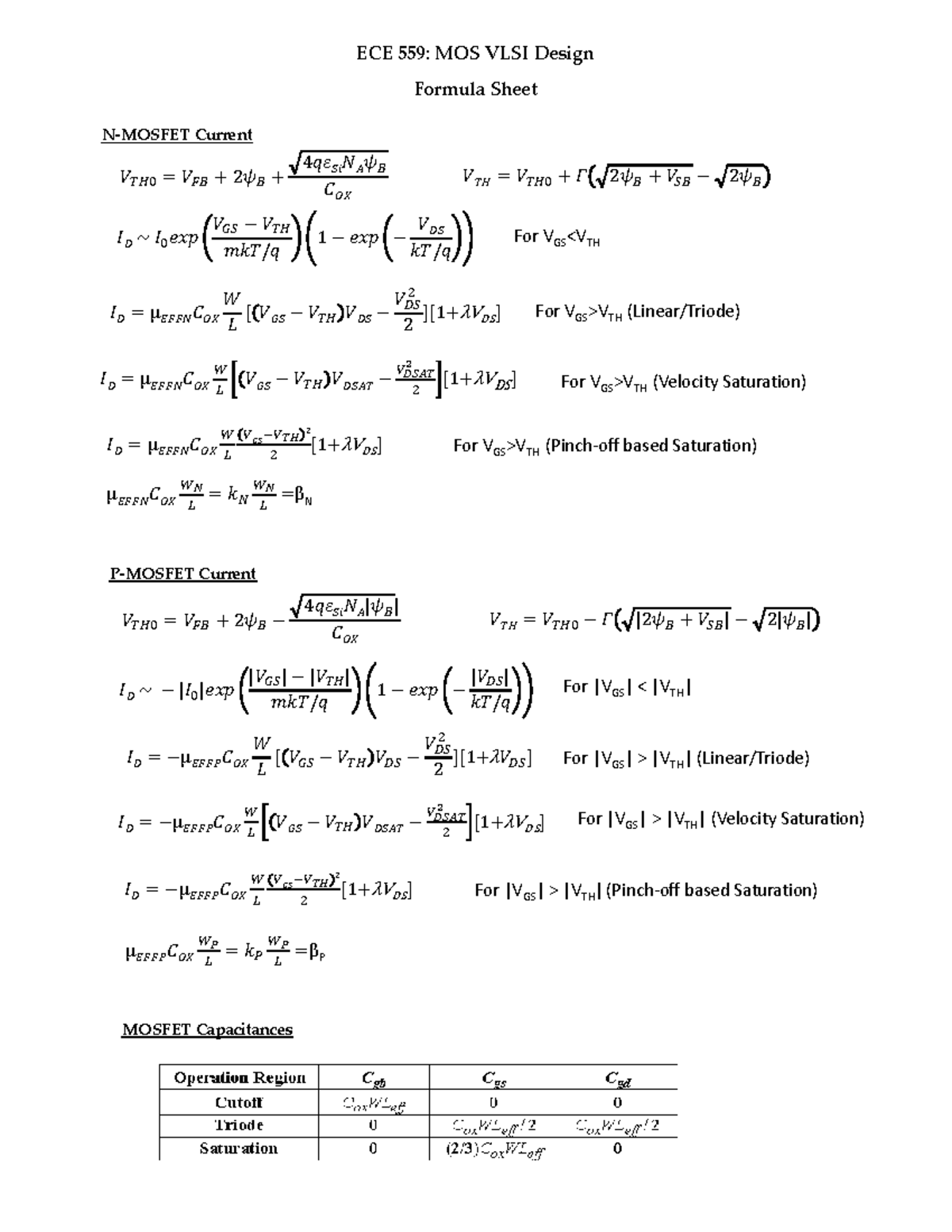 Formula Sheet Exam 1 - Notes - ECE 559: MOS VLSI Design Formula Sheet N ...