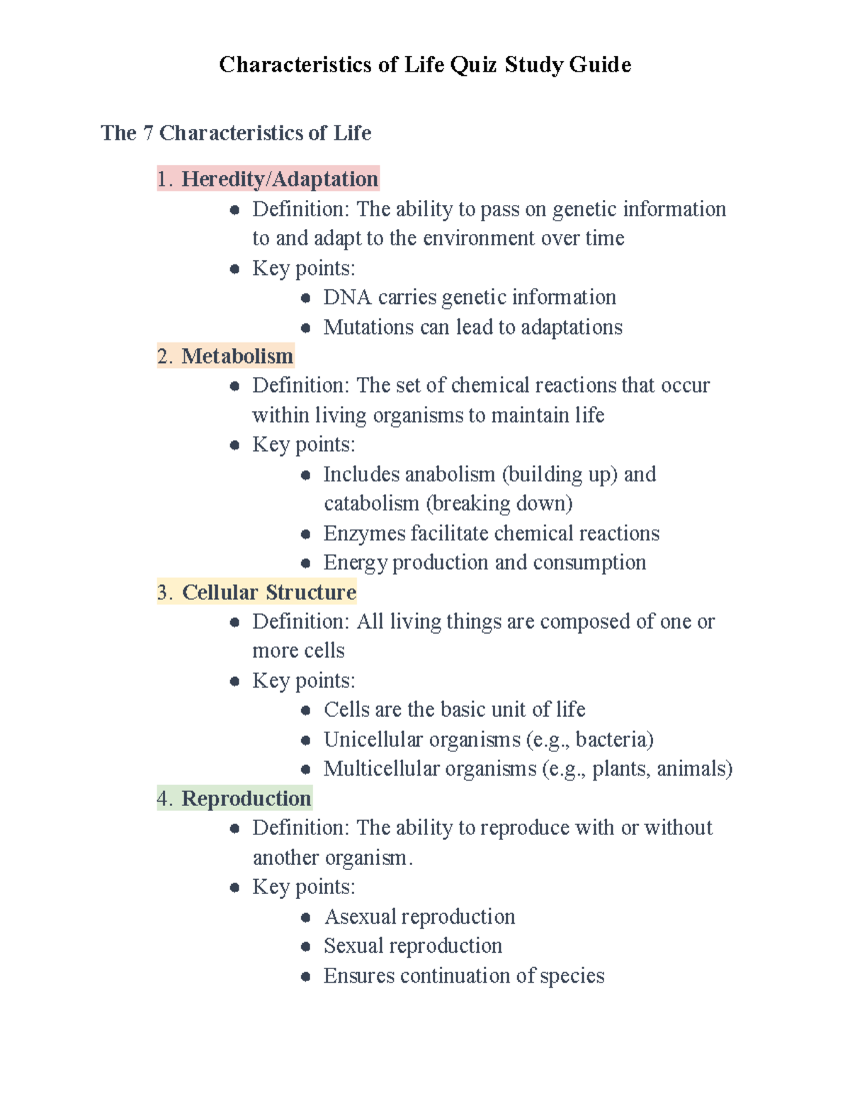 Characteristics of Life Quiz Study Guide: Key Points & Definitions ...