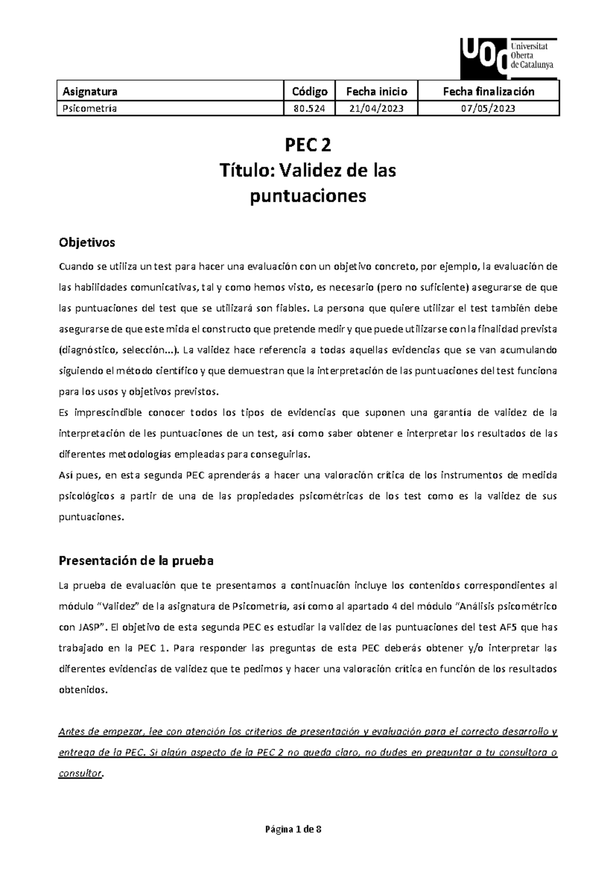 PEC2 Validez de Puntuaciones en Psicometría 80.524 - Studocu