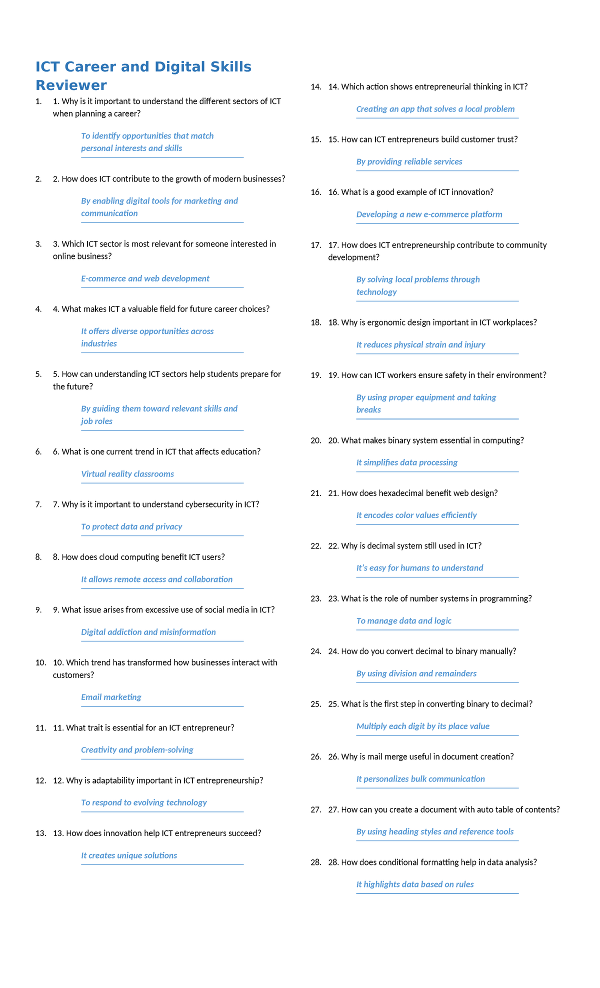 ICT-7 Career & Digital Skills Final Exam Reviewer - Studocu