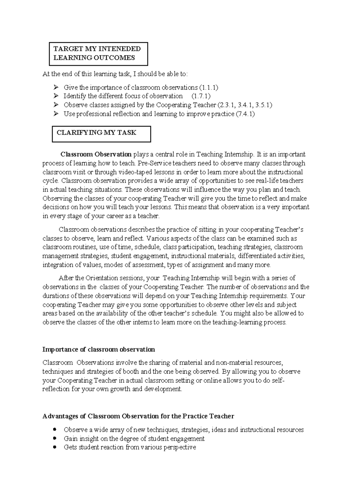 Classroom Observation Insights for Teaching Internship (LT2) - Studocu