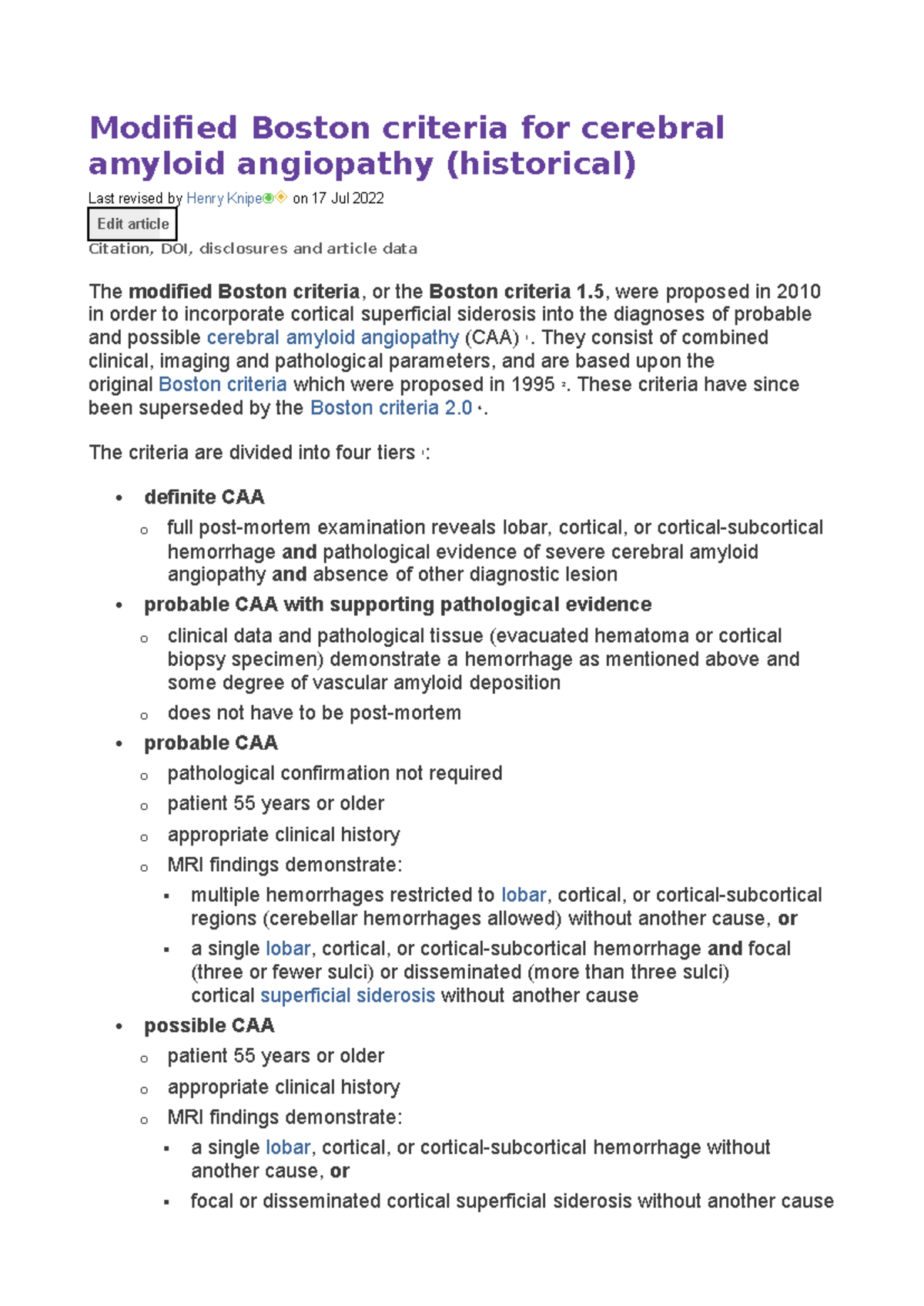 Modified Boston Criteria for Cerebral Amyloid Angiopathy (CAA) - Studocu