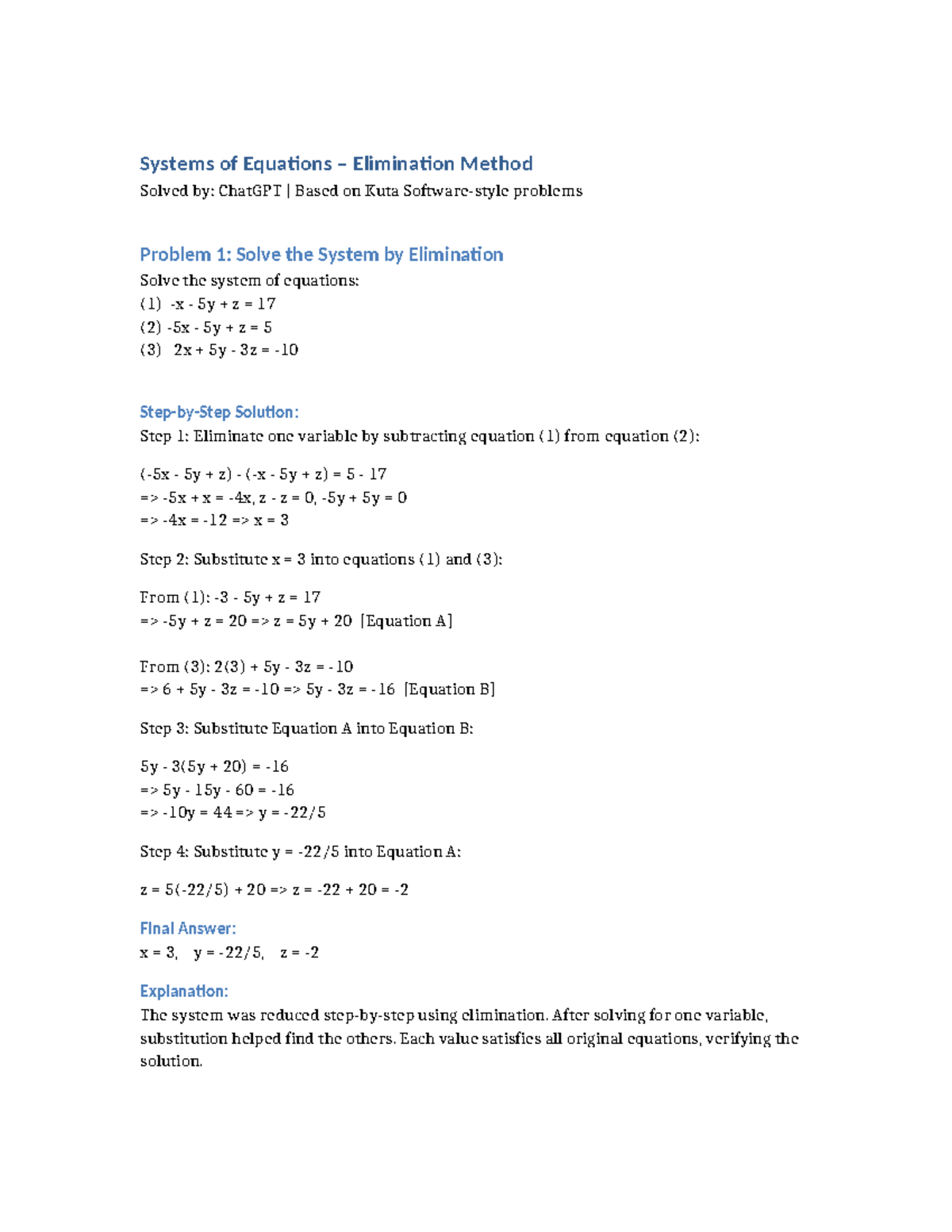 Systems of Equations: Elimination Method Solution (Problem 1) - Studocu