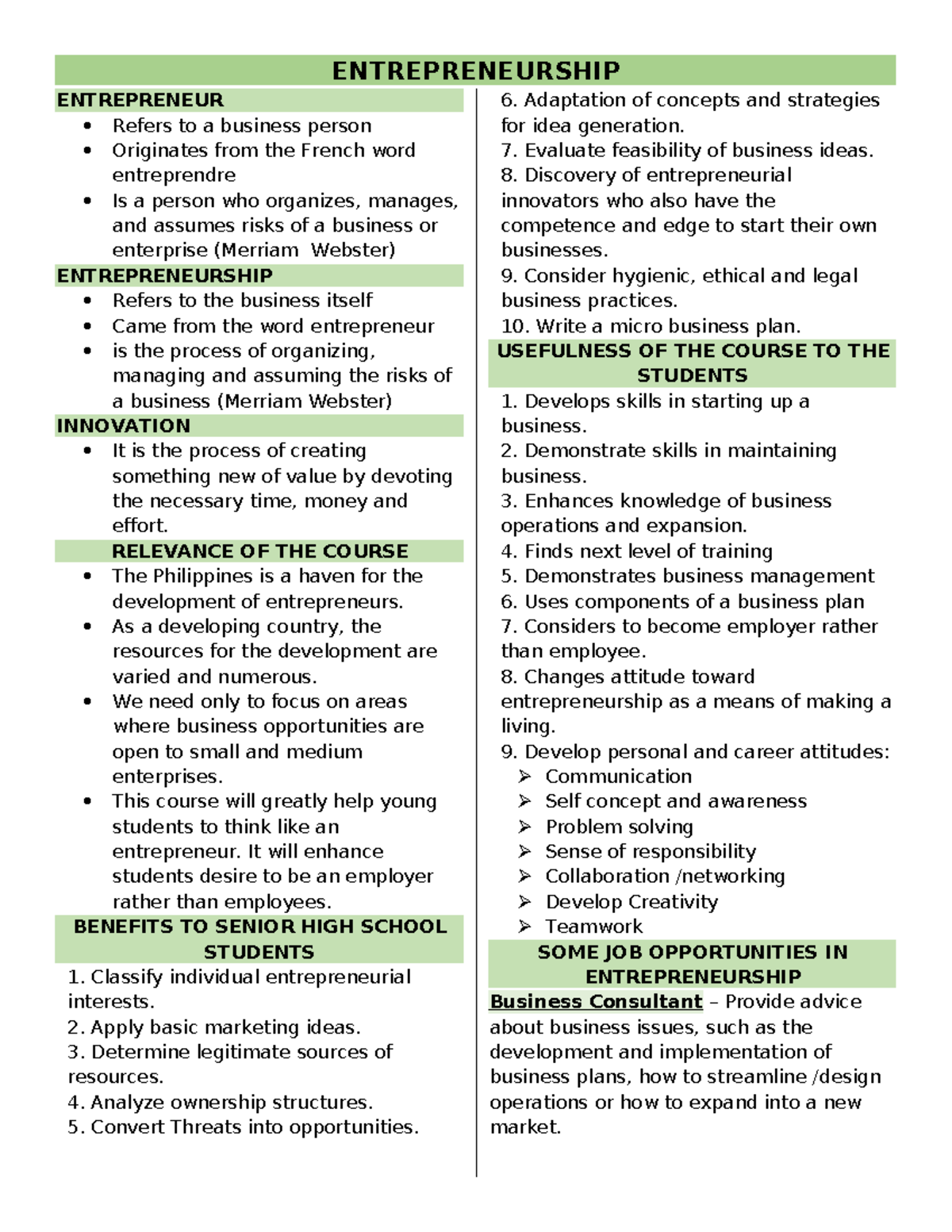 Entrepreneurship - Comprehensive Notes for ENTREP 101 - Studocu