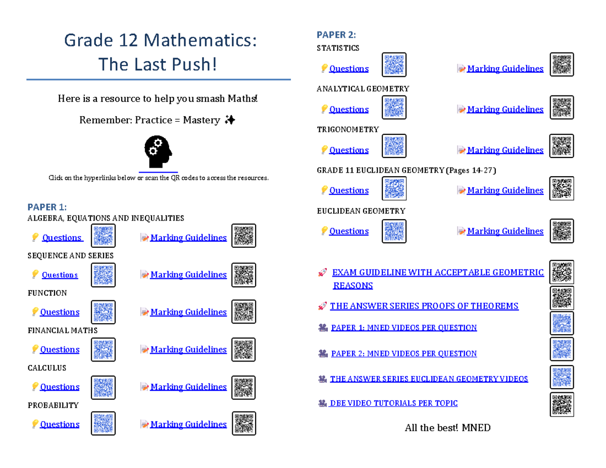 Grade 12 Maths Final Exam Prep: The Last Push 2025 - Studocu