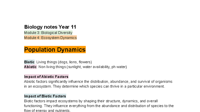 Biology Notes Yr 11: Module 3 & 4 - Biodiversity & Ecosystem Dynamics ...