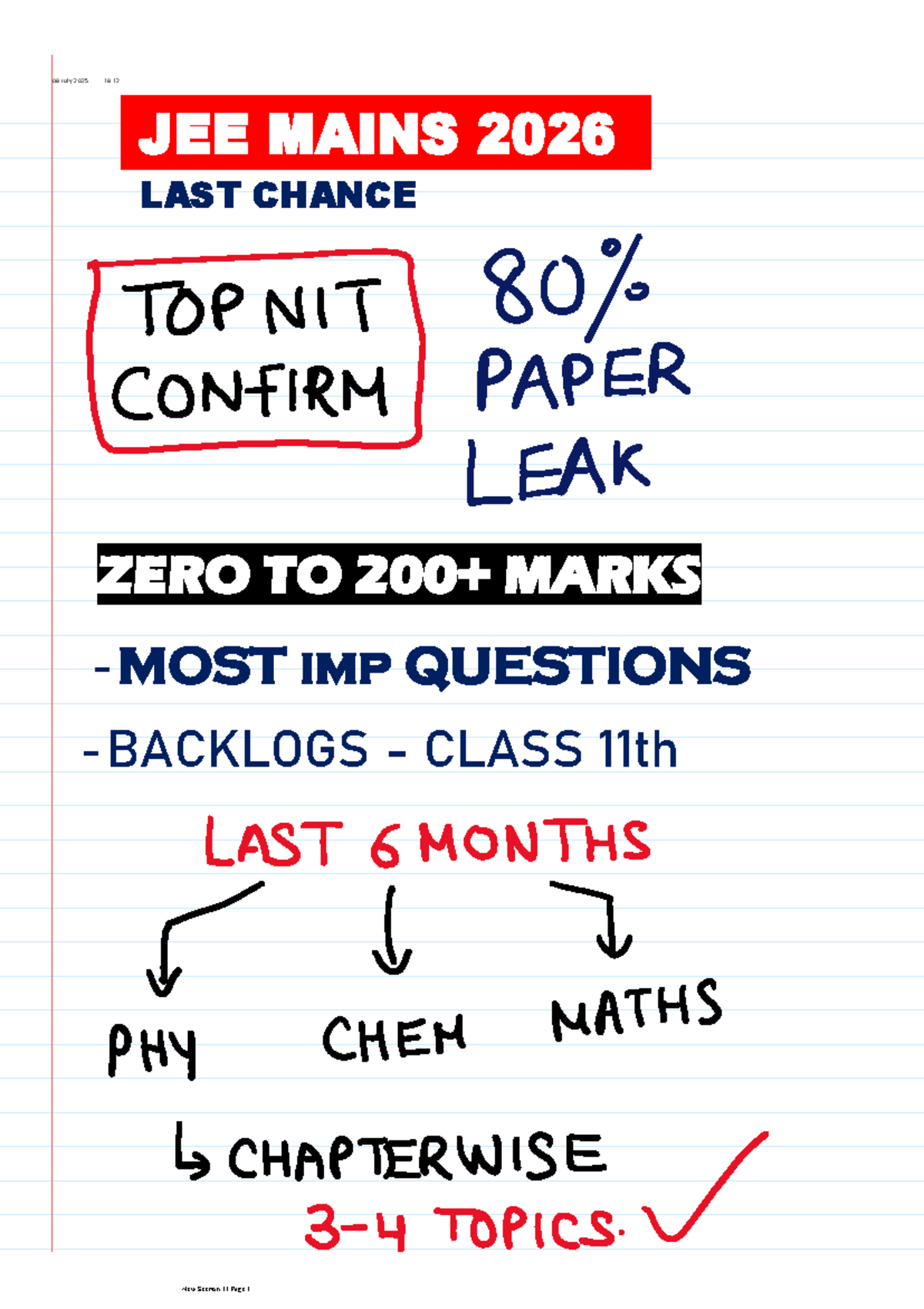 JEE MAINS 2026 Final Exam Booster: Key Topics & Imp Questions - Studocu