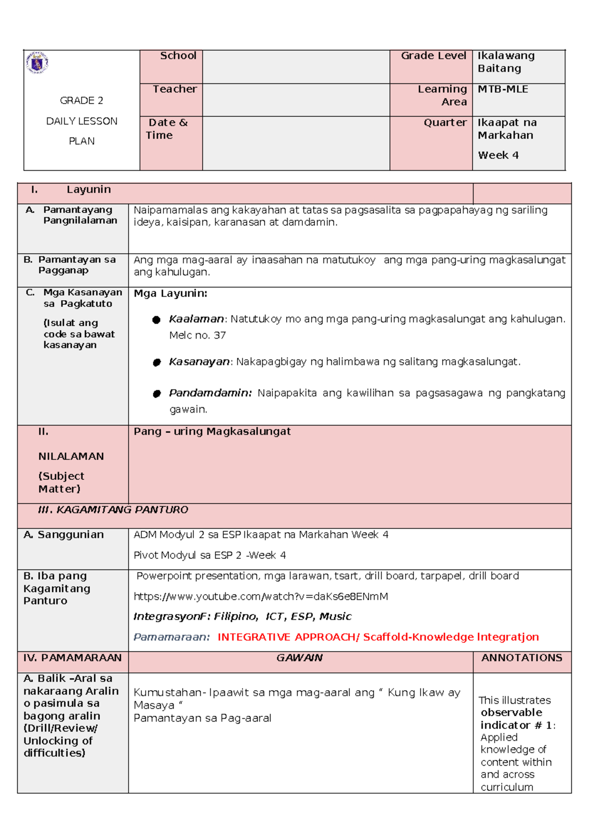 COT-MTB-MLE 2-Q4-W4: Daily Lesson Plan for Grade 2 - Studocu