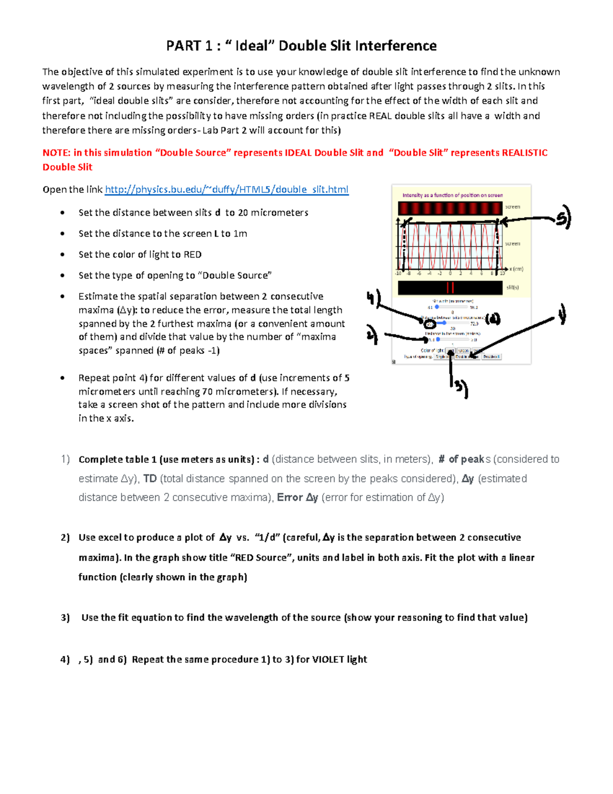 Virtual Lab Handout: Ideal Double Slit Interference Experiment - Studocu
