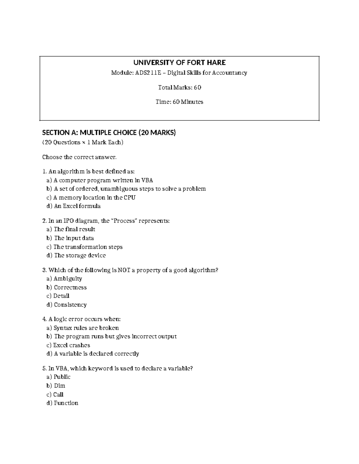 ADS211E Digital Skills for Accountancy Test 1 - Practice Questions ...