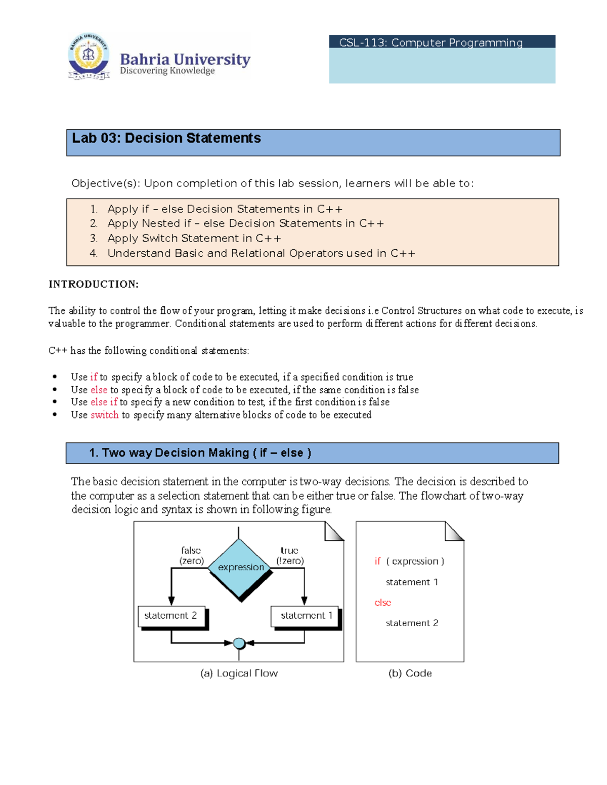 Computer Programming Lab 03: Decision Statements Overview - Studocu