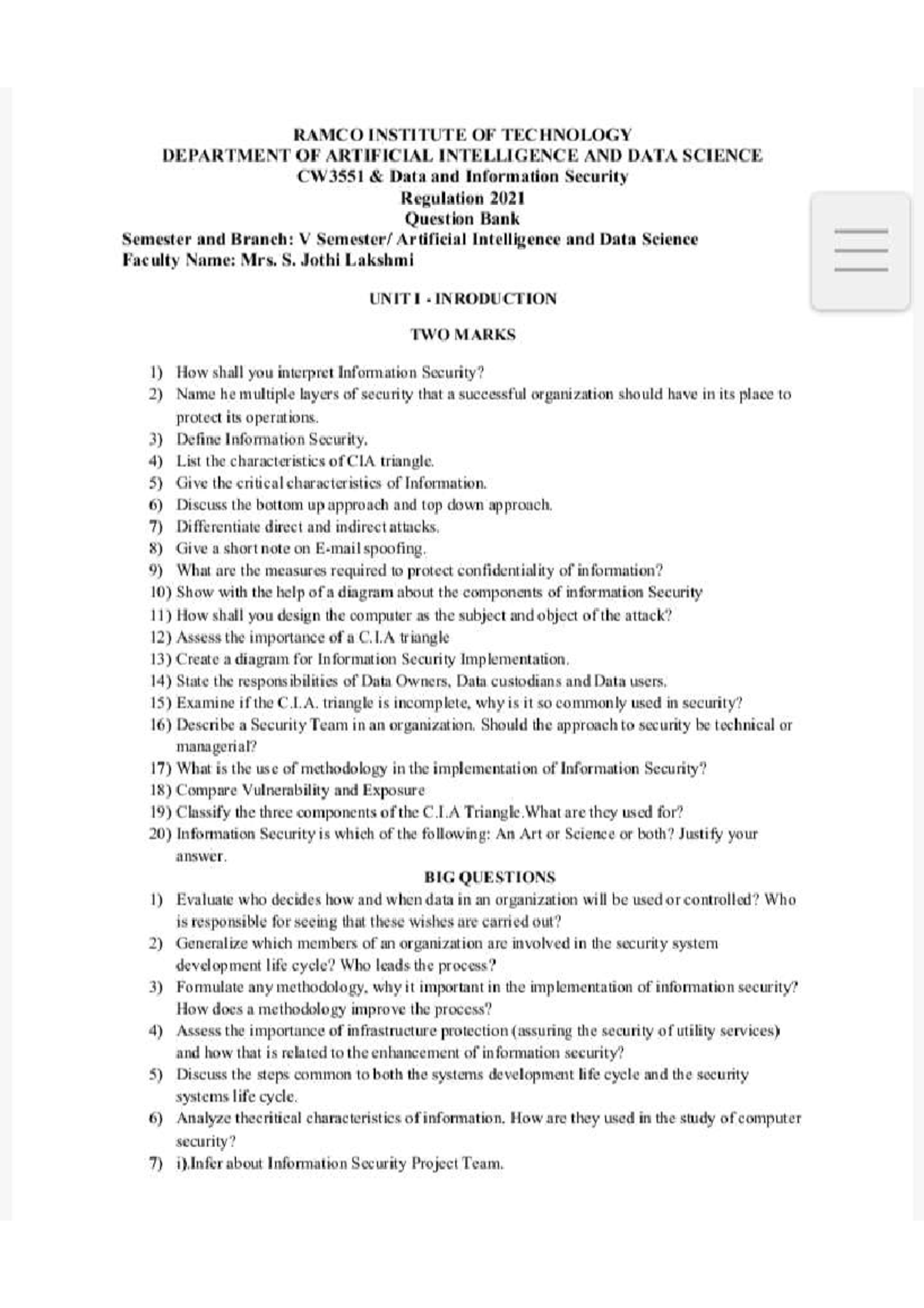 CW3551 Data & Info Security Question Bank - Semester V AI & DS - Studocu