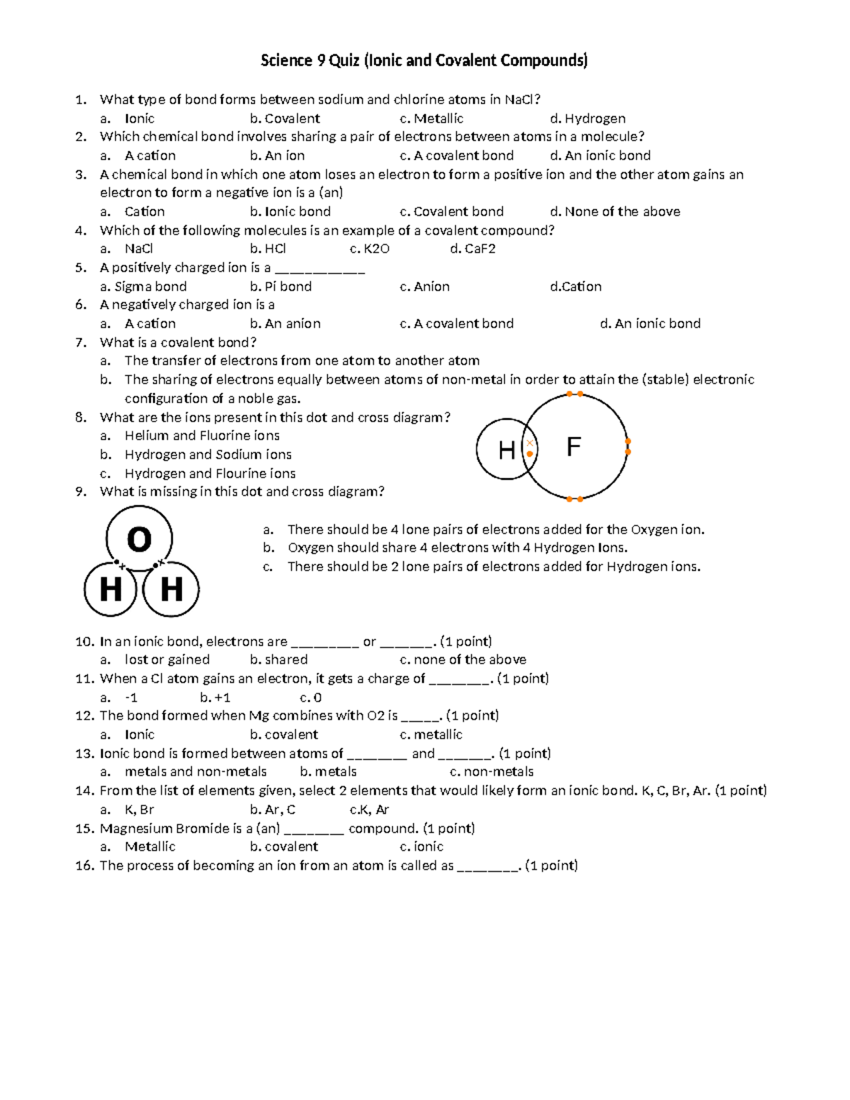 Science 9 Final Quiz: Ionic & Covalent Compounds Overview - Studocu