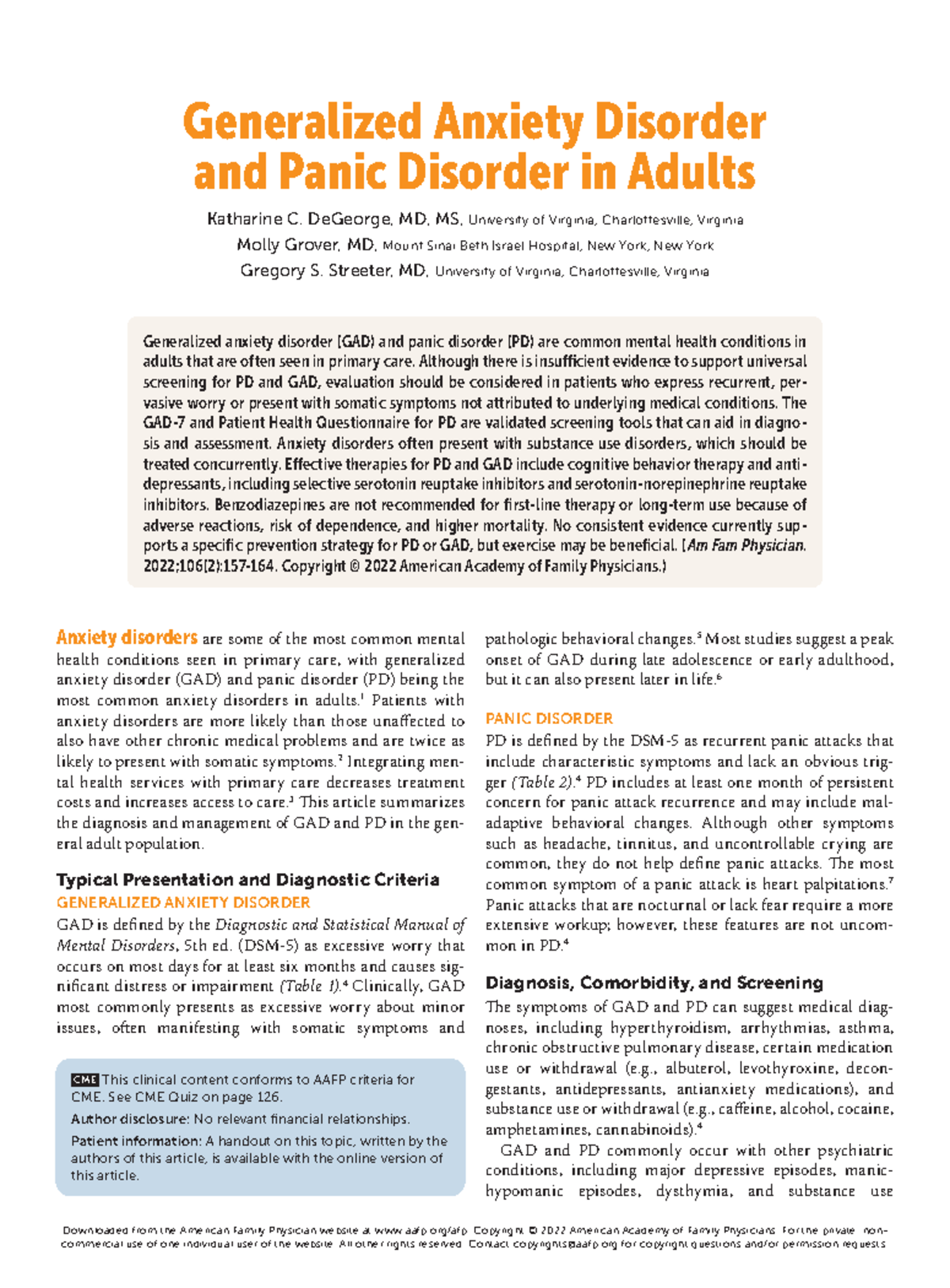 Generalized anxiety disorder and panic disorder - August 2022 Volume ...