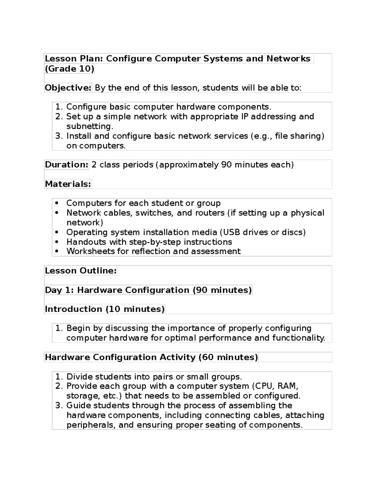 Lesson Plan-Configure Computer Systems and Networks (Grade 10) - Set up a simple network with ...