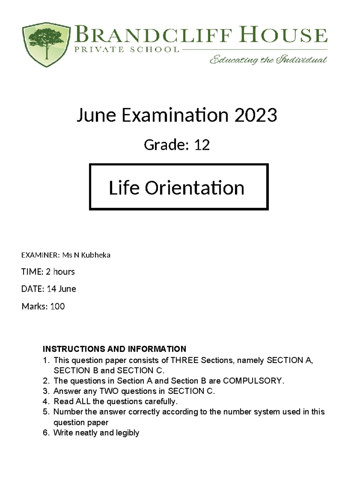LO Grade 12 June 2023 Examination Question Paper - Studocu