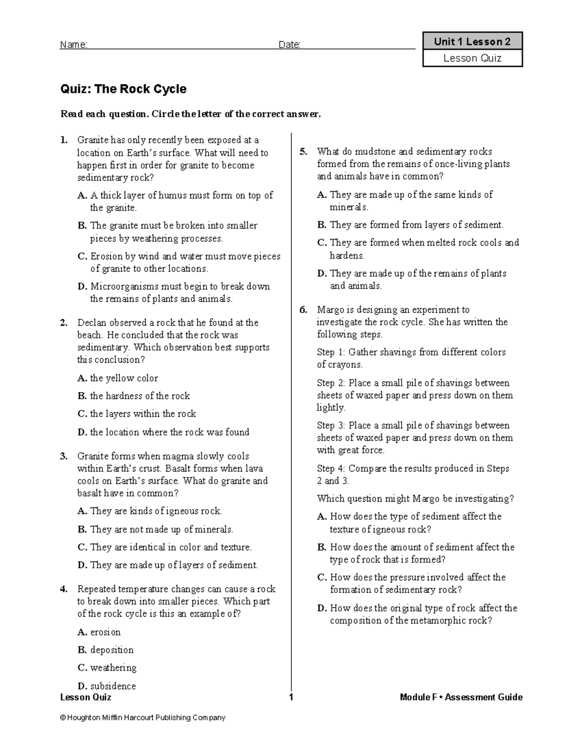 6F AG U1LQ2 - Quiz on The Rock Cycle and Lesson 2 Concepts - Studocu