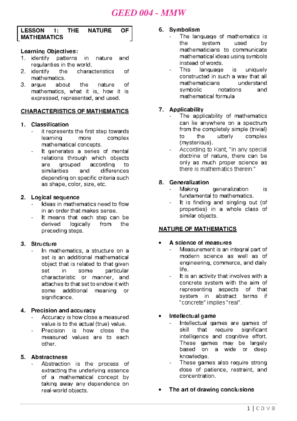 GEED 004 - MMW Lesson Notes: Nature of Mathematics and Symbols - Studocu