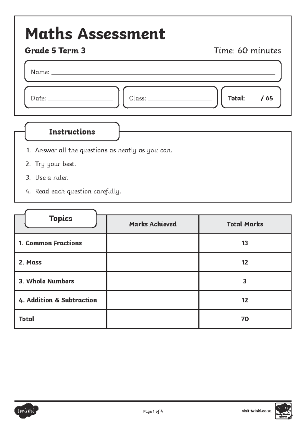 Grade 5 Term 3 Maths Assessment (Za-m-1722025710) - Studocu