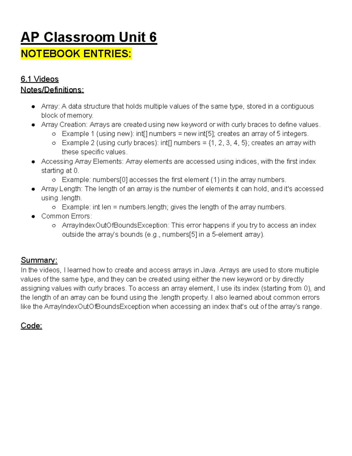 AP CSA Unit 6 - Understanding Arrays in Java Through Videos - Studocu