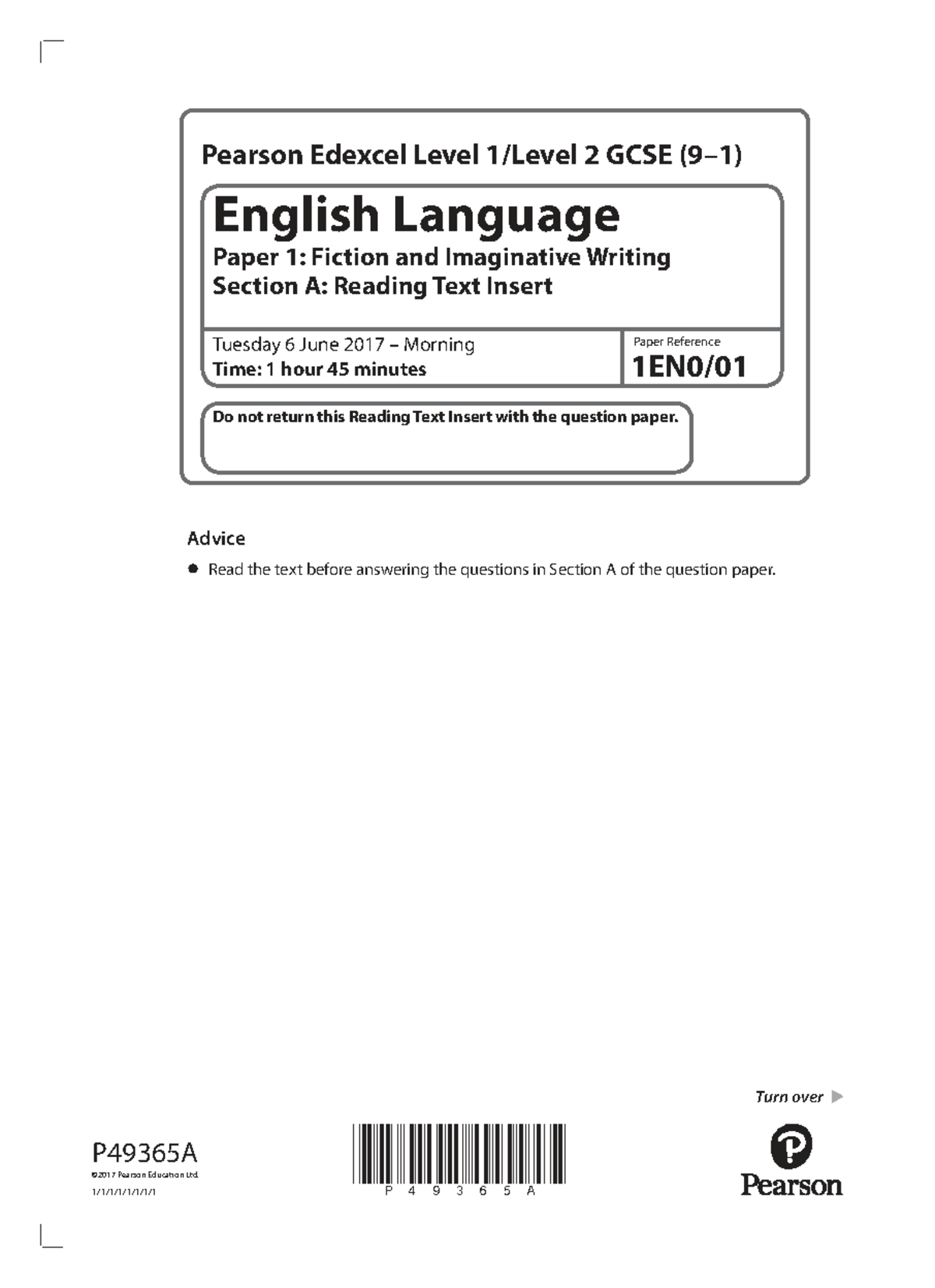 Pearson Edexcel Level 2 GCSE English Language Paper 1: Reading Text ...