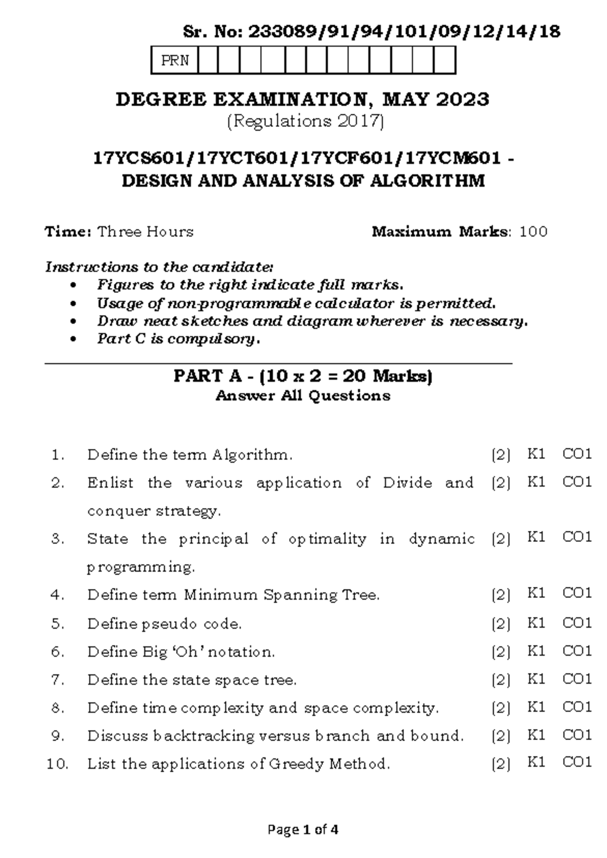 YCT601 Final Exam: Design and Analysis of Algorithms - May 2023 - Studocu