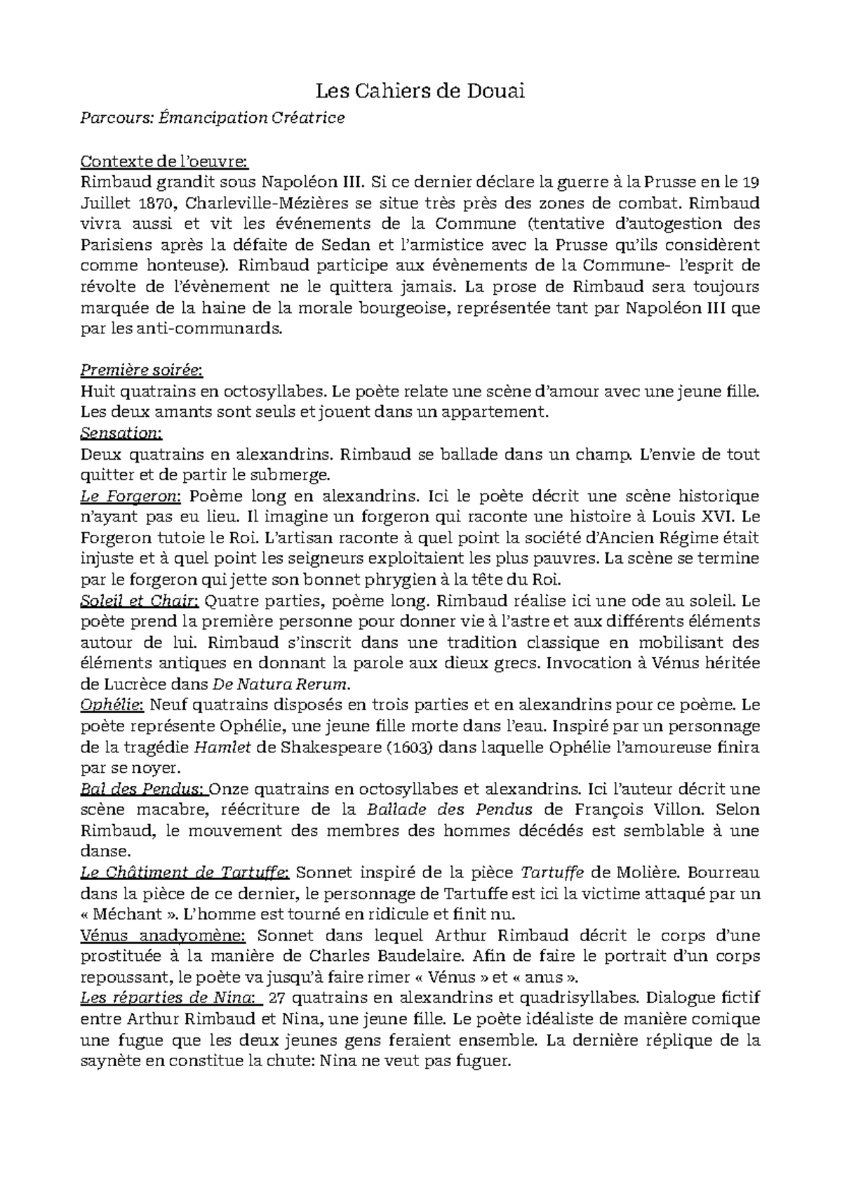 Les Cahiers de Douai : Résumés de Poèmes et Analyse Contextuelle - Studocu