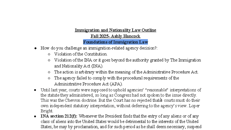 Immigration and Nationality Law Outline (Fall 2024) - Ashly Hancock ...