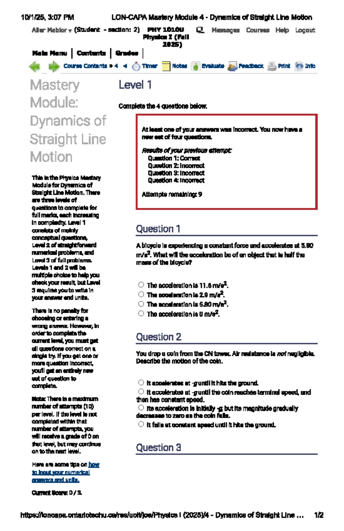 PHY 1010U Mastery Module 4: Dynamics of Straight Line Motion - Studocu