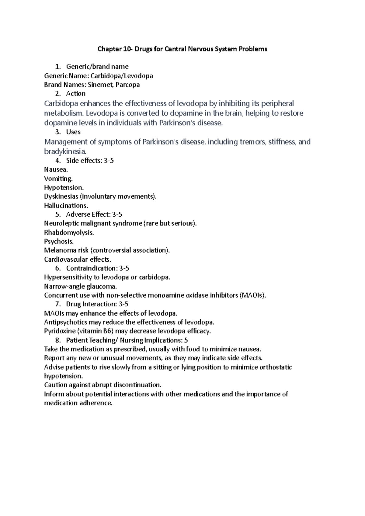 Pharmacology Drug Cards: CNS Drugs - Carbidopa/Levodopa Overview - Studocu