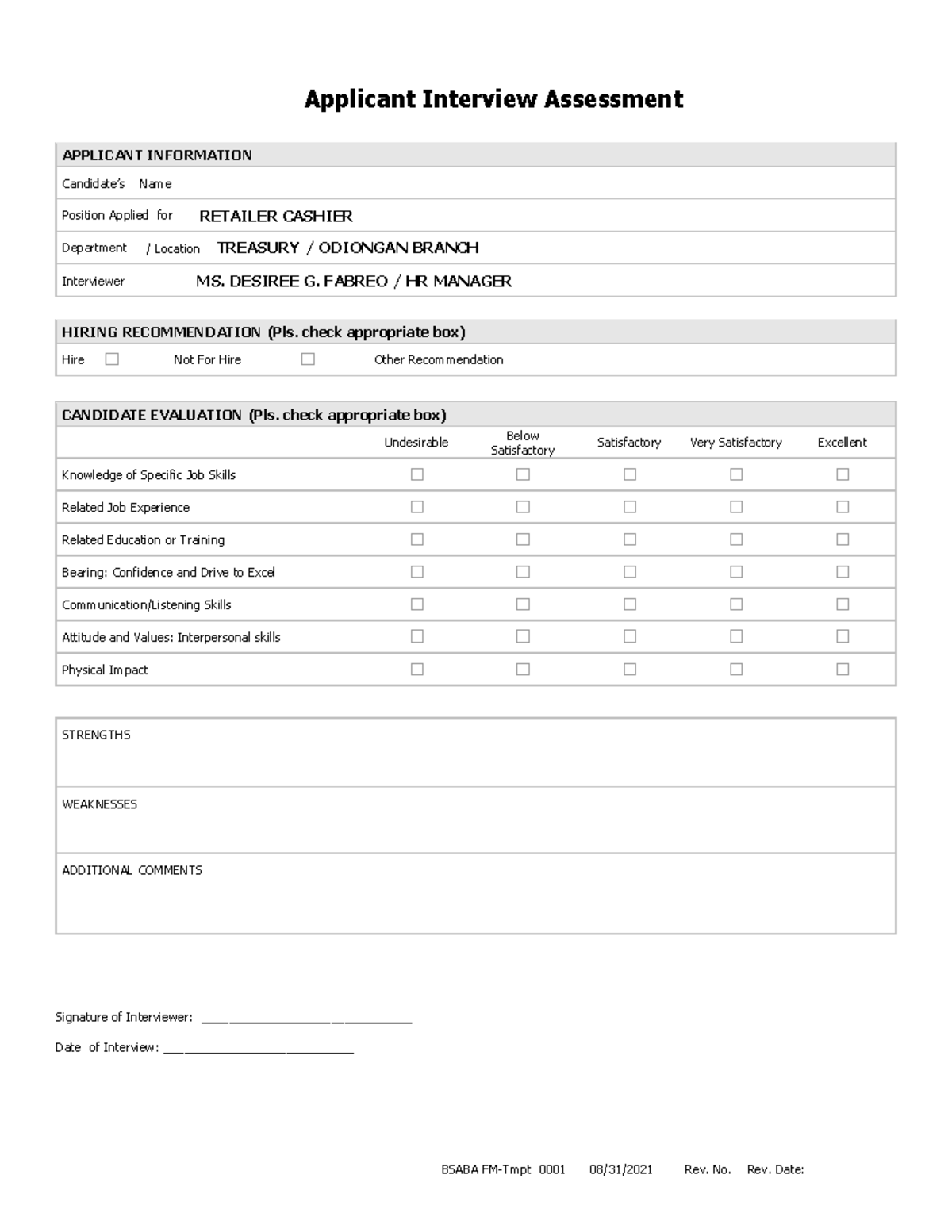 Z Sample 6 Interview Assessment Form - Applicant Interview Assessment APPLICANT INFORMATION ...