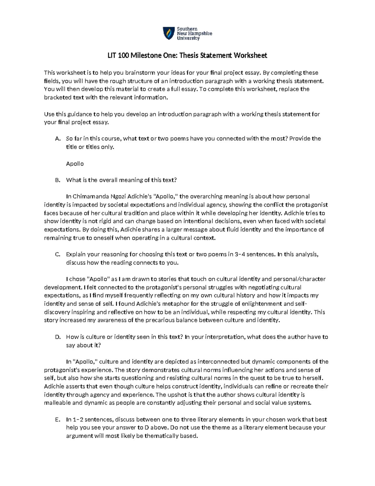 LIT 100 Final Project: Thesis Statement Development Worksheet - Studocu