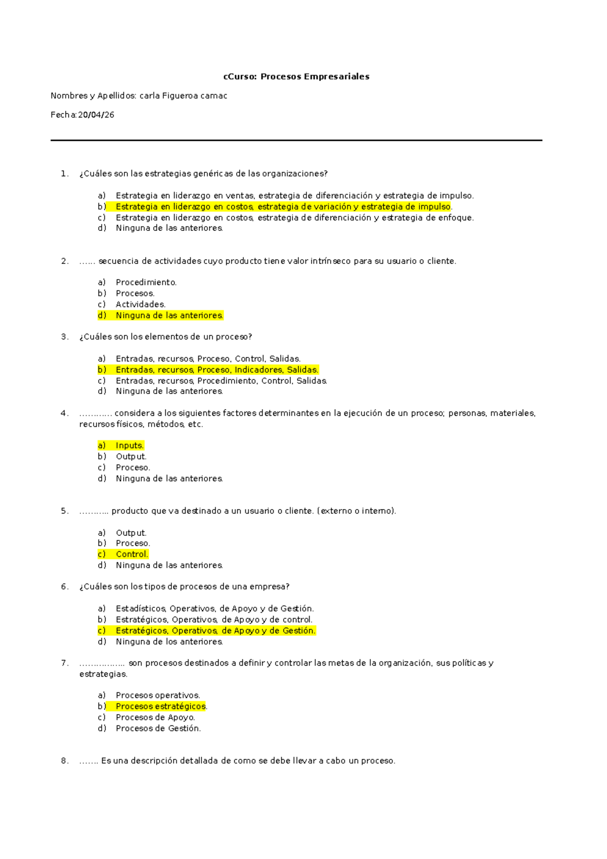 Examen Final de Procesos Empresariales - Carla Figueroa Camac - Studocu