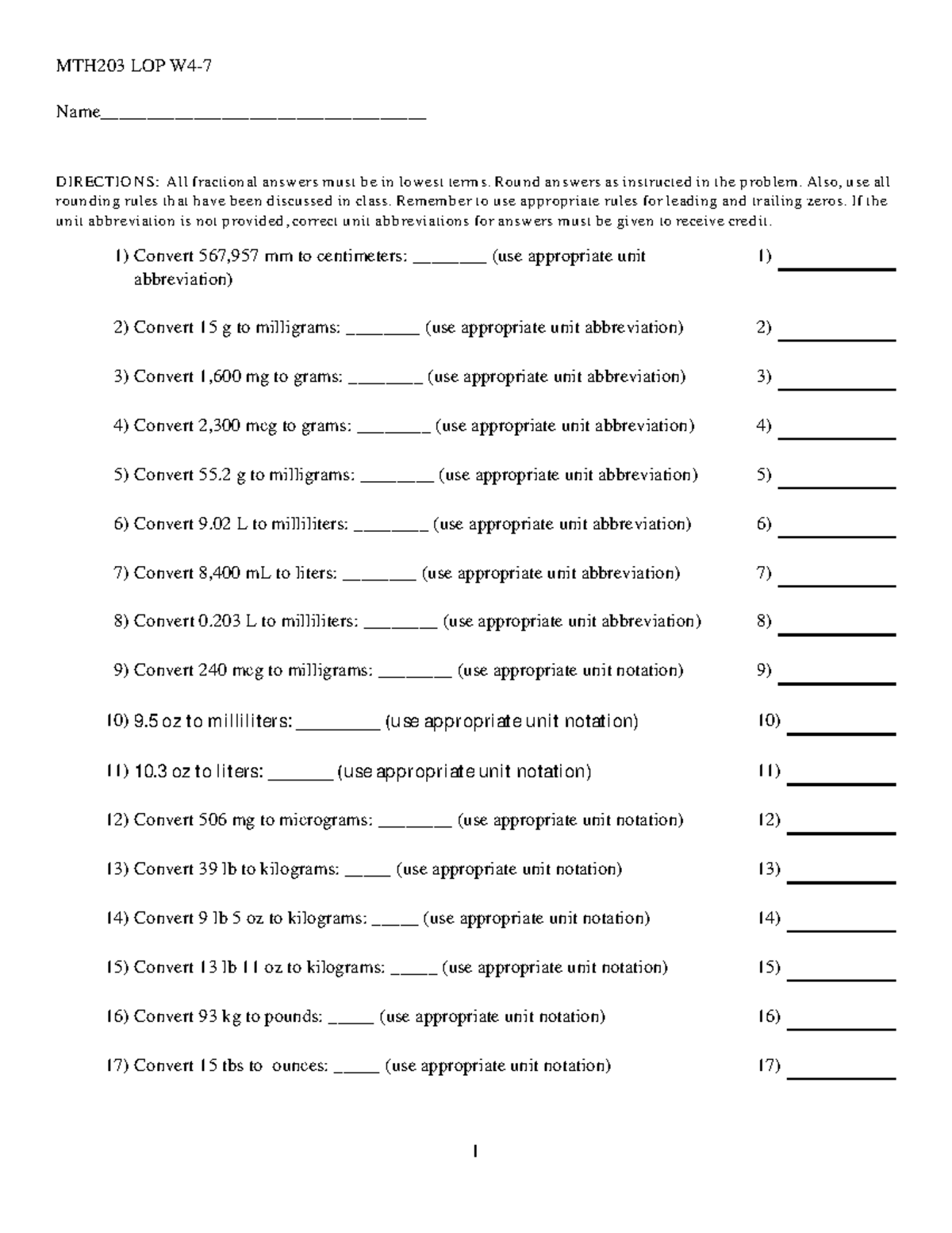 MTH203 Math Exam 3 Practice: Unit Conversions and Dosage Calculations ...