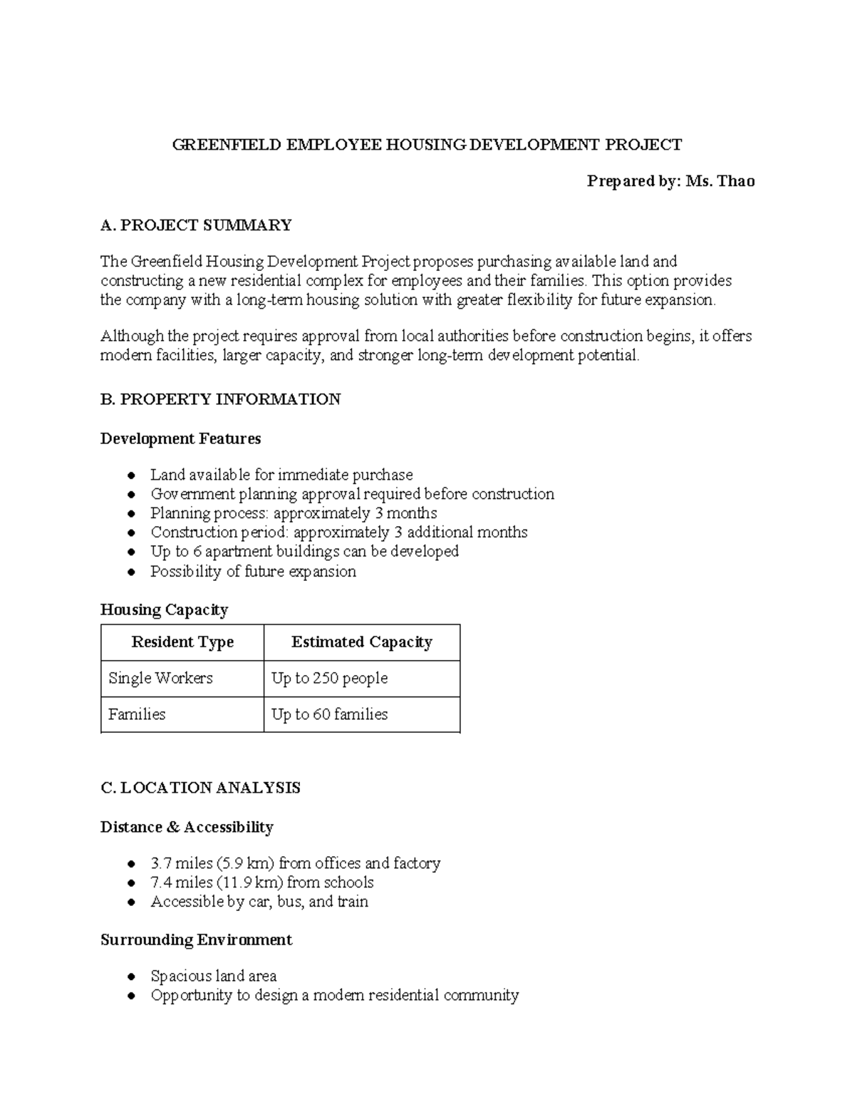 GREENFIELD EMPLOYEE HOUSING PROJECT SUMMARY - TATM UNIT 5 - Studocu