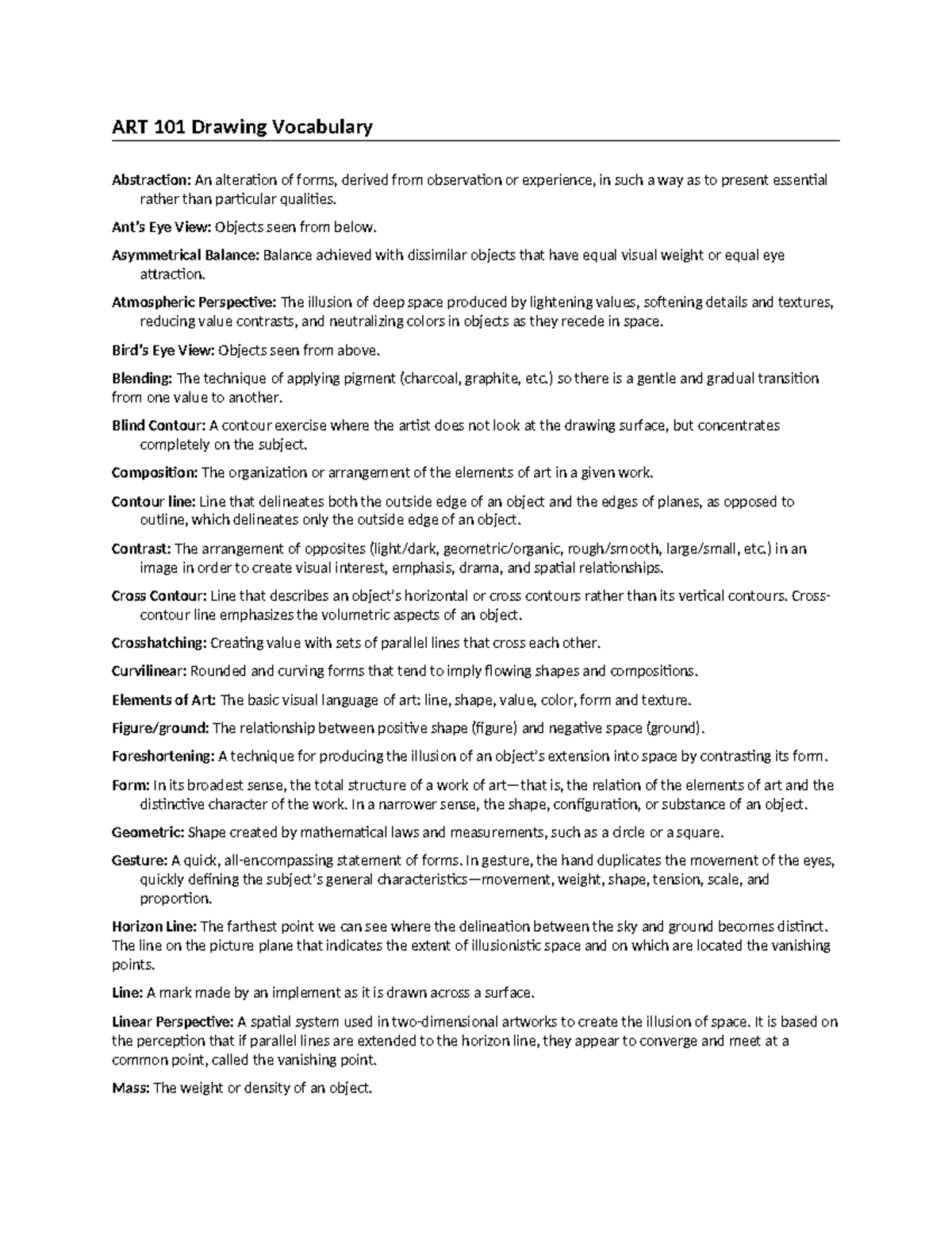 ART 101 Drawing Vocabulary & Terminology Guide - Studocu