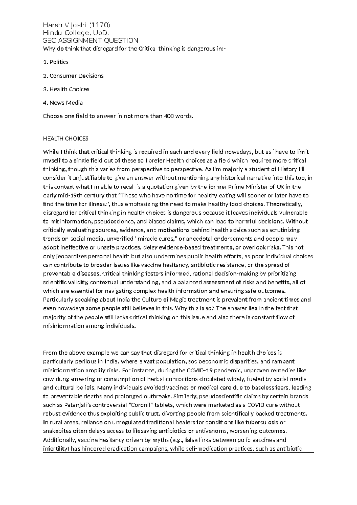 SEC ASSIGNMENT (1170) - Reflections on Critical & Creative Thinking ...