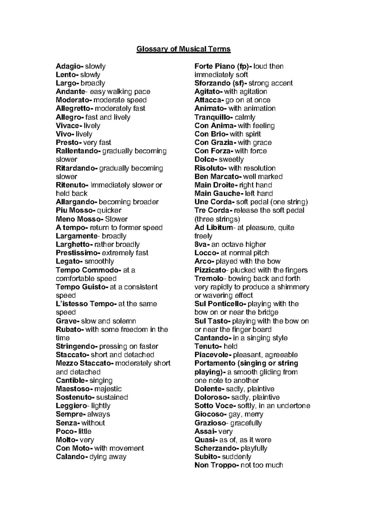 Glossary of Musical Terms for Music Theory (MUS 101) - Studocu