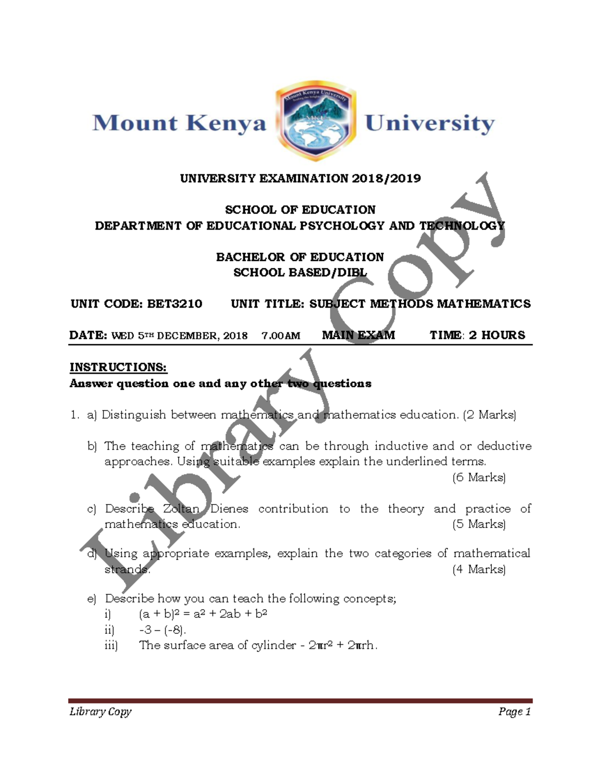 BET3210 Final Exam: Subject Methods in Mathematics Education - Studocu