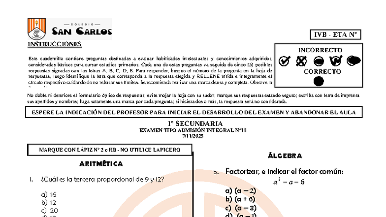 ETA 11 - 1° SEC - Examen de Admisión Integral - Studocu