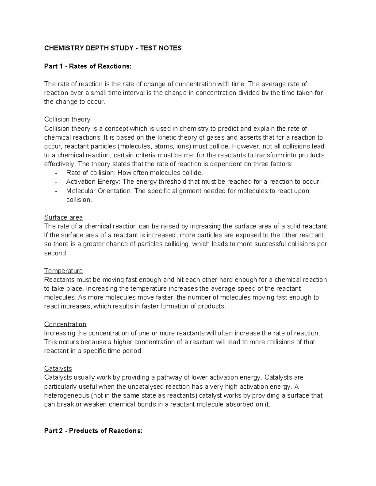 CHEM 101 - Depth Study Test Notes: Rates of Reactions & Products - Studocu