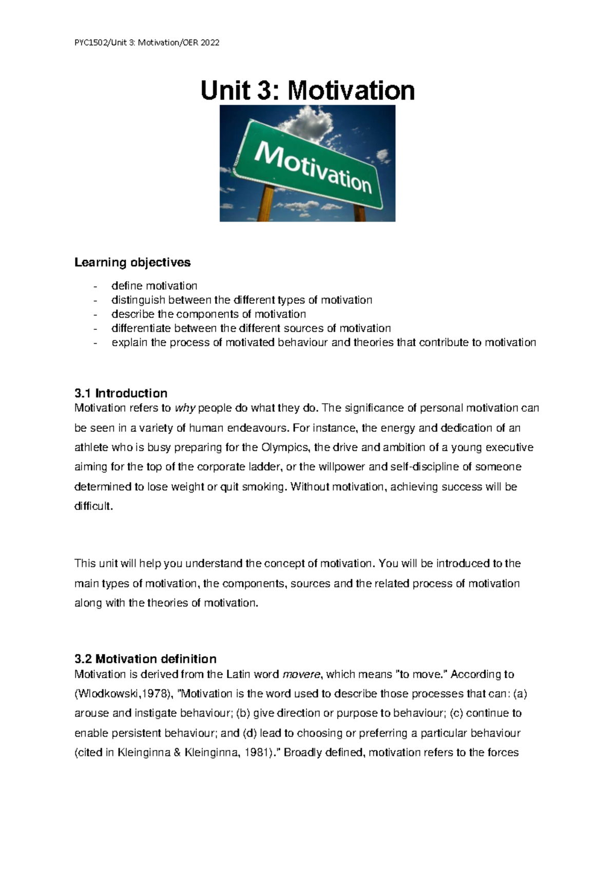 Unit 3 Motivation - note - Unit 3: Motivation Learning objectives ...