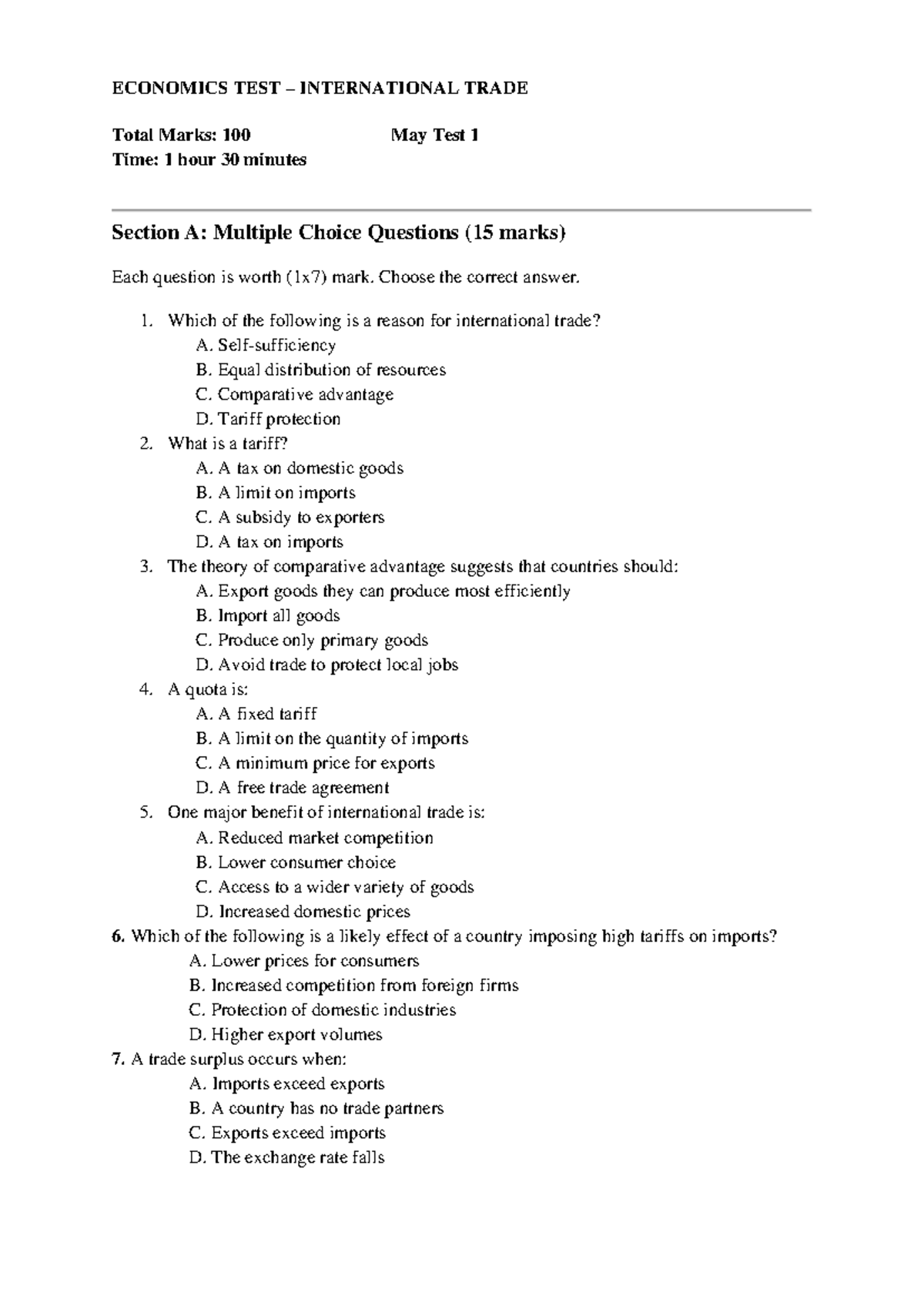 ECON 101: May Test 1 - International Trade MCQs (Total Marks: 100 ...