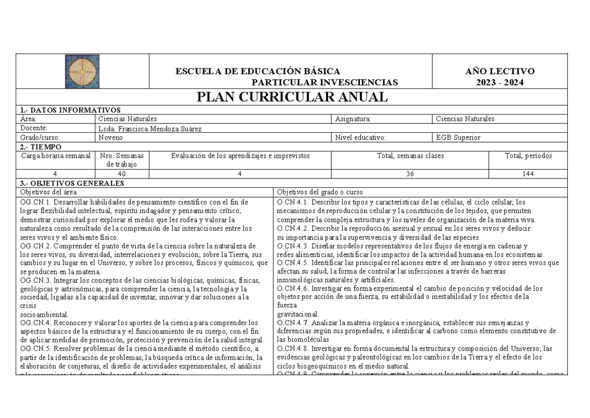 PCA CCNN 9 - PLANIFICACIÓN - ESCUELA DE EDUCACIÓN BÁSICA PARTICULAR INVESCIENCIAS AÑO LECTIVO ...