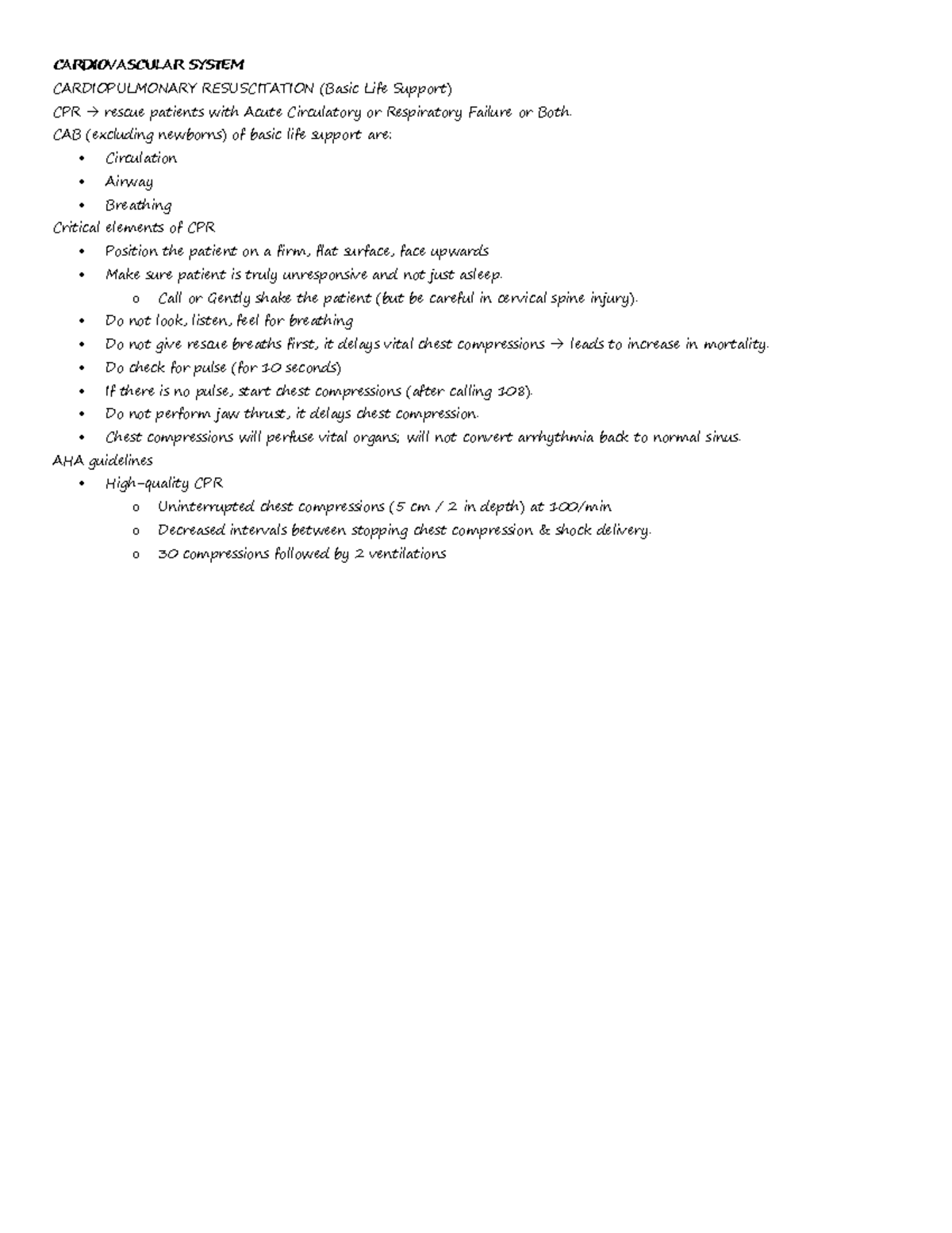 Medicine 2 - Lecture Notes on Cardiovascular System & CPR Techniques ...