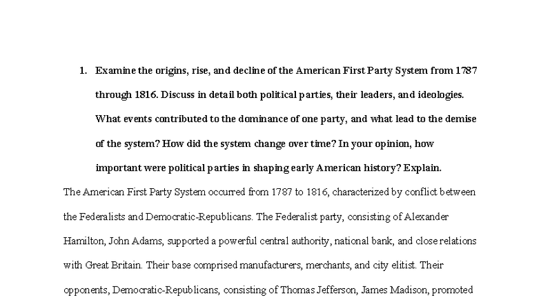 Essay Portion Exam 1 - HIST 1103: The American First Party System & War ...