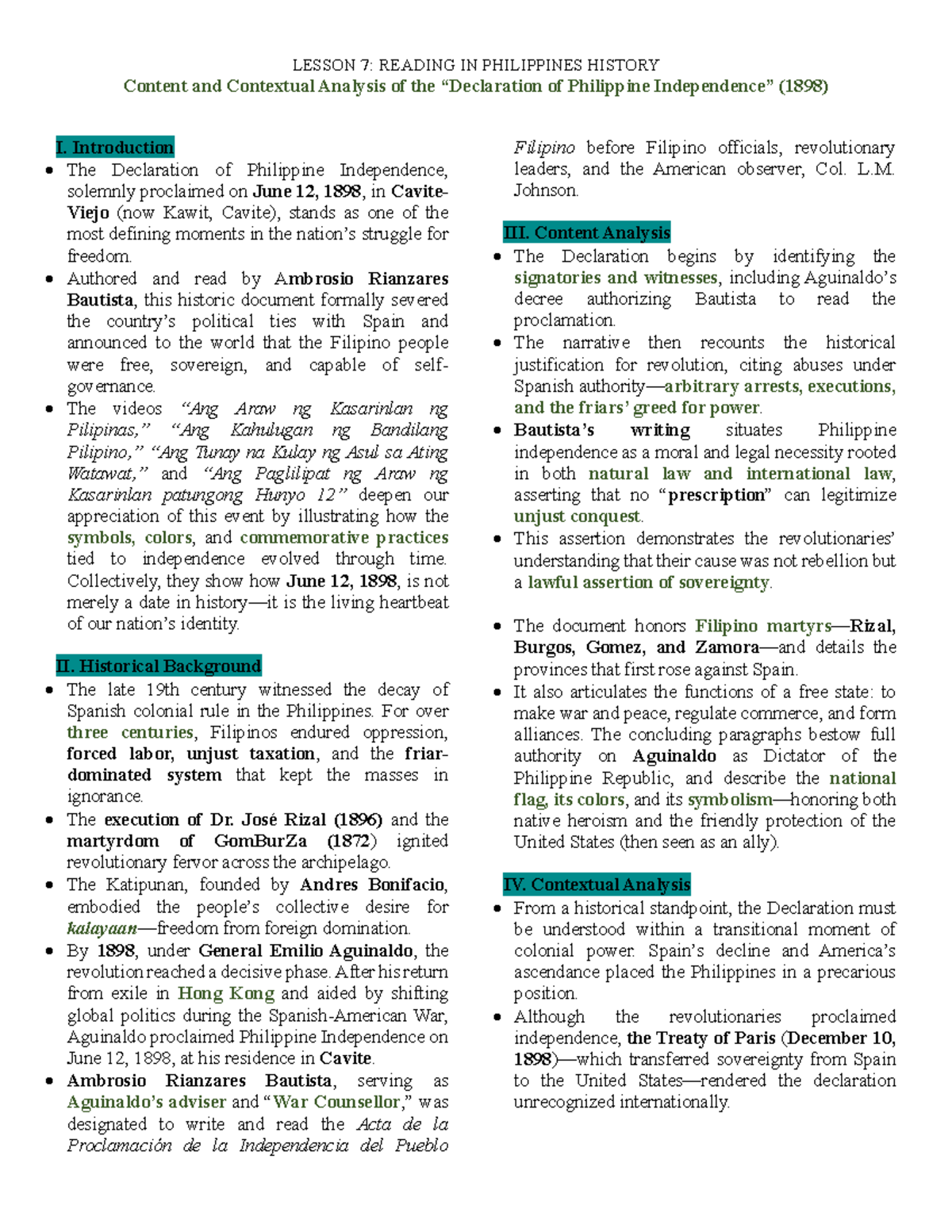 RPH - Chapter 7: Analysis of the Declaration of Philippine Independence ...