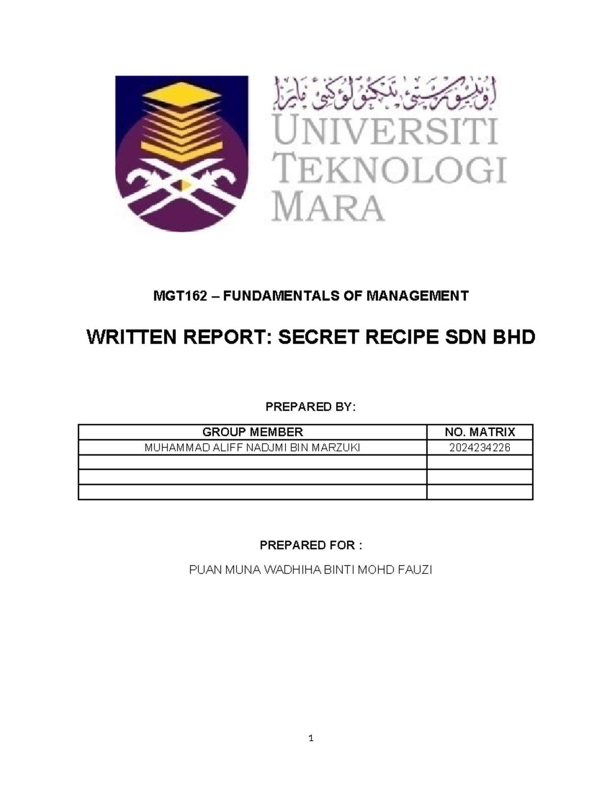 MGT162 - Group Project Report on Secret Recipe Sdn Bhd - Studocu